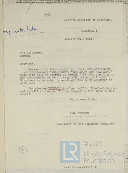 Copy Of Letter From N R Parsons Secretary To The Canadian Committee To ...