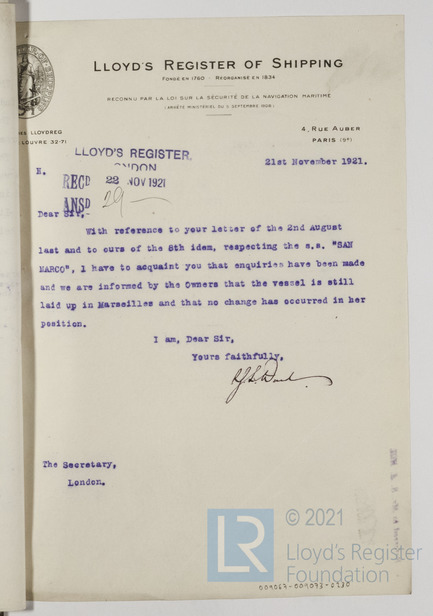 Letter From R J L Ward To The Secretary London Regarding San Marco 21st ...