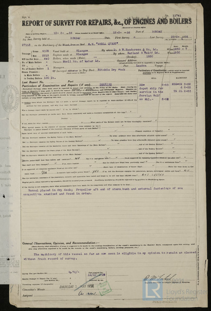 Report Of Survey For Repairs &c Of Engines & Boilers For Shell Quest ...