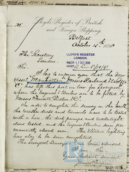Letter From James Turpin To Lloyd's Register London Informing Him That ...