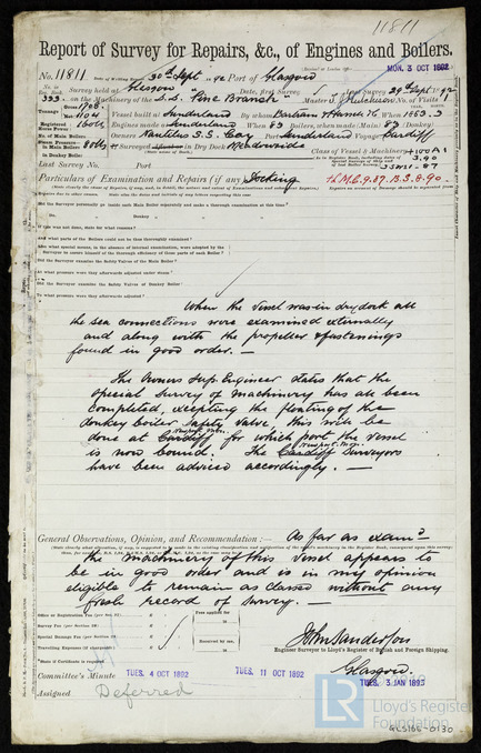 Report Of Survey For Repairs &c Of Engines & Boilers For Pine Branch ...