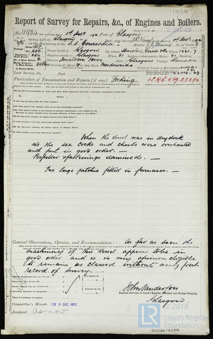 Report Of Survey For Repairs &c Of Engines & Boilers For Concordia 5th ...