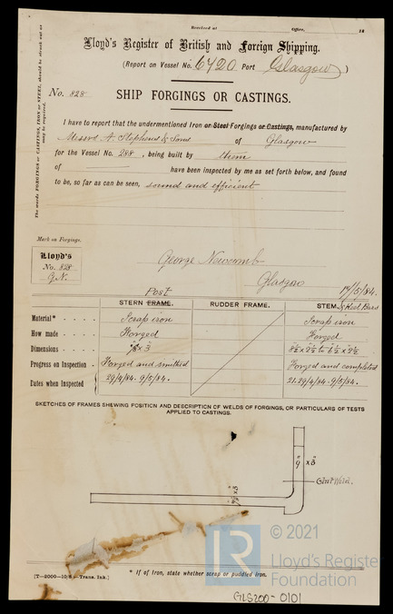 Ship Forgings Or Castings Form For Edinburghshire 17th May 1884 ...