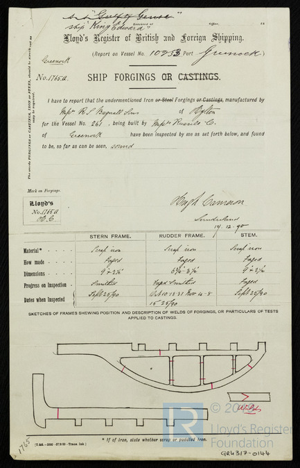 Ship Forgings Form For King Edward 17th December 1890 | Documents ...