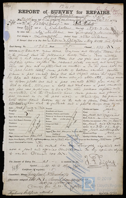 Report Of Survey For Repairs For Vicksburg 21st February 1874 ...
