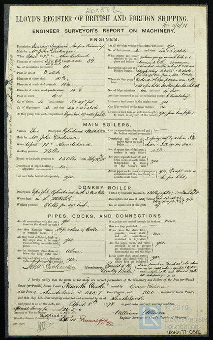 Engineer Surveyor's Report On Machinery For Naworth Castle 8th April ...