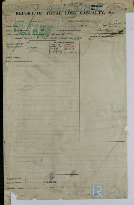 Report Of Total Loss Casualty &c For City Of Melbourne Undated ...