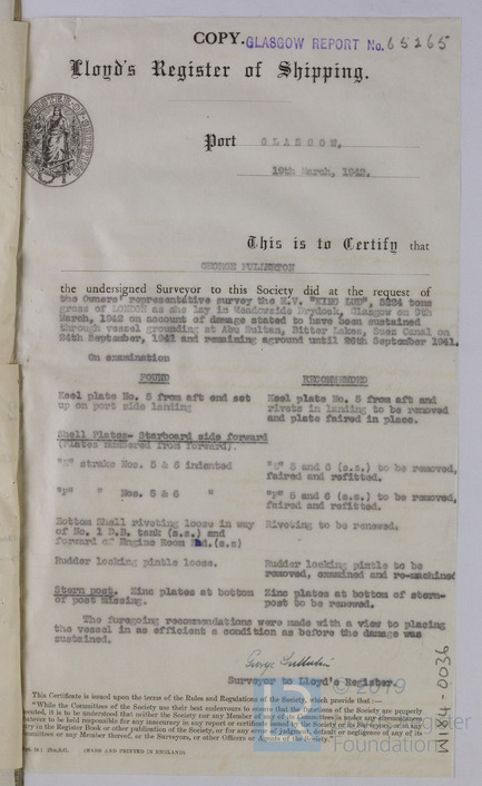 Certificate Of Survey Of Damage For King Lud 19th March 1942 ...