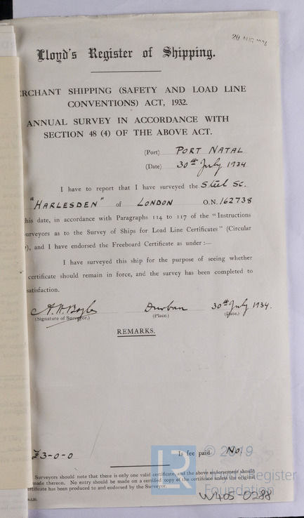 Certificate Of Annual Load Line Survey For Harlesden 30th July 1934 ...