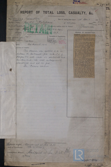 Report Of Total Loss Casualty &c For Laleham 19th April 1926 ...