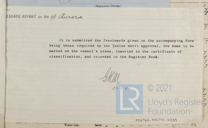 Memo About The Freeboard Report For Aurora 23rd January 1920 ...