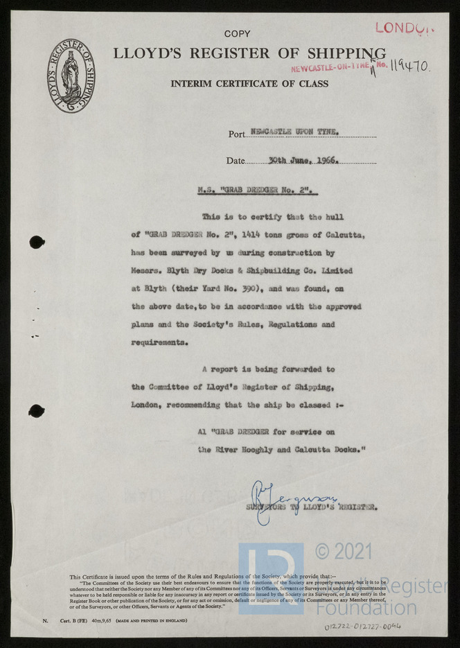 Copy Of Interim Certificate Of Class For Grab Dredger No 2 30th June ...