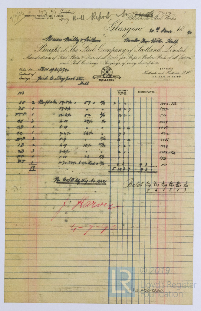 Receipt For Boiler Plates Manufactured By The Steel Co Of Scotland Ltd ...