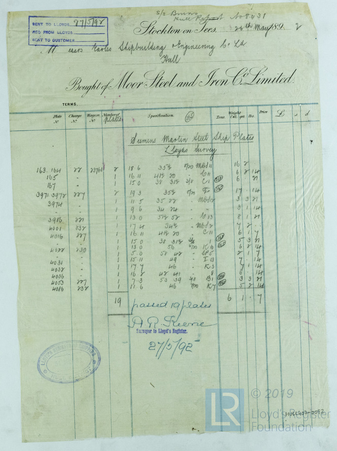 Receipt For Steel Plates Manufactured By Moor Steel & Iron Co Ltd For ...
