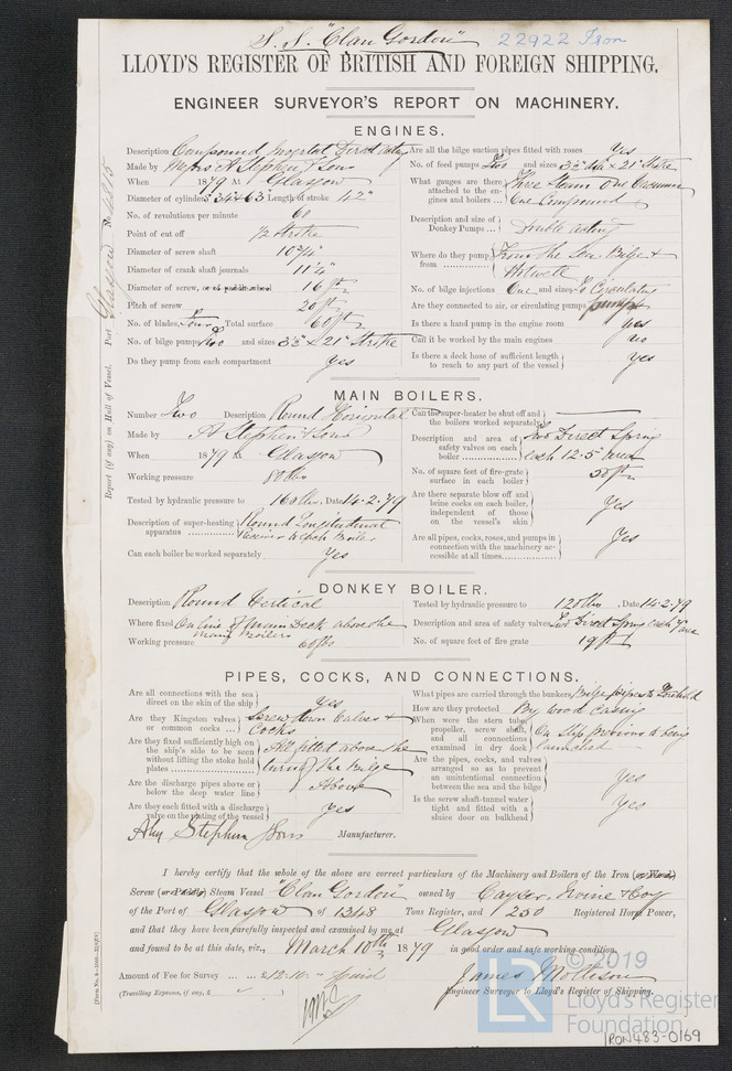 Engineer Surveyor's Report On Machinery For Clan Gordon 10th March 1879 ...