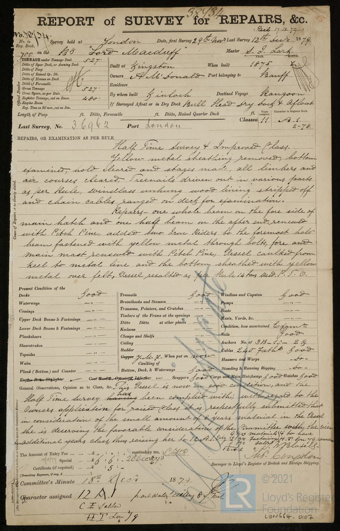 Report Of Survey For Repairs &c For Lord Macduff 12th December 1879 ...