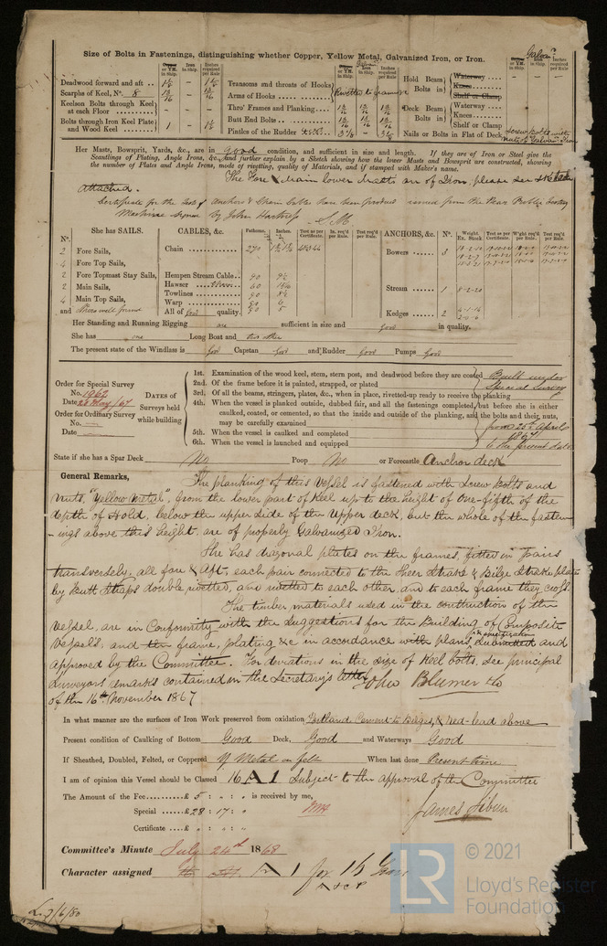 Composite Ship Report For Phaeton 22nd July 1868 | Documents | Archive ...