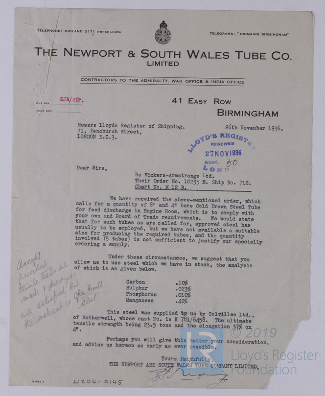 Letter From The Newport & South Wales Tube Co Ltd Birmingham To Lloyd's ...