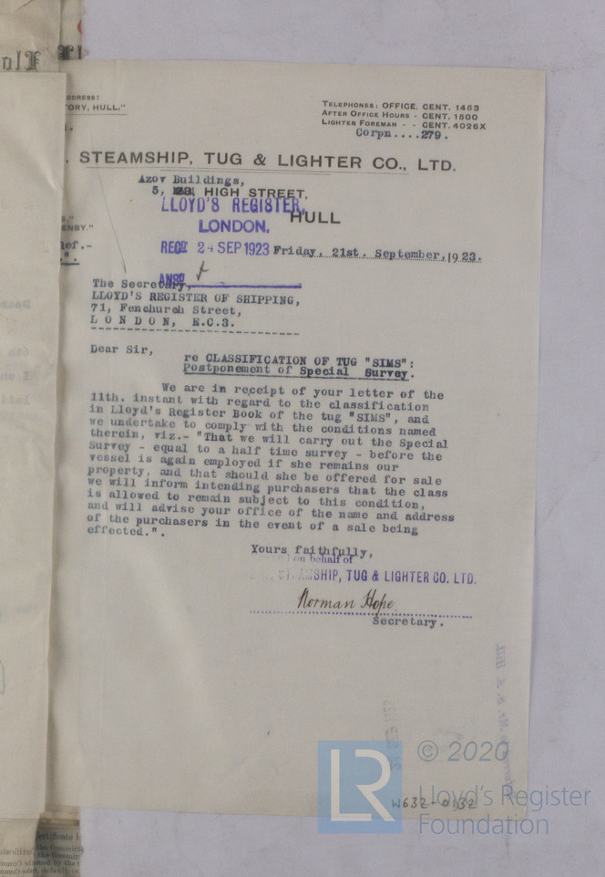 Letter From Norman Hope Secretary For B W Steamship Tug & Lighter Co ...
